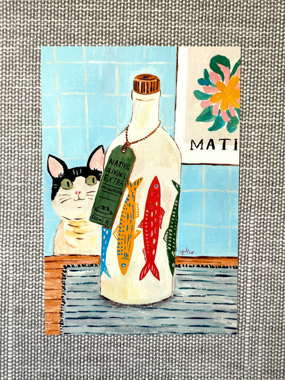 [Yuh Takahashi] Cat and Olive Oil Bottle postcard – papertreats